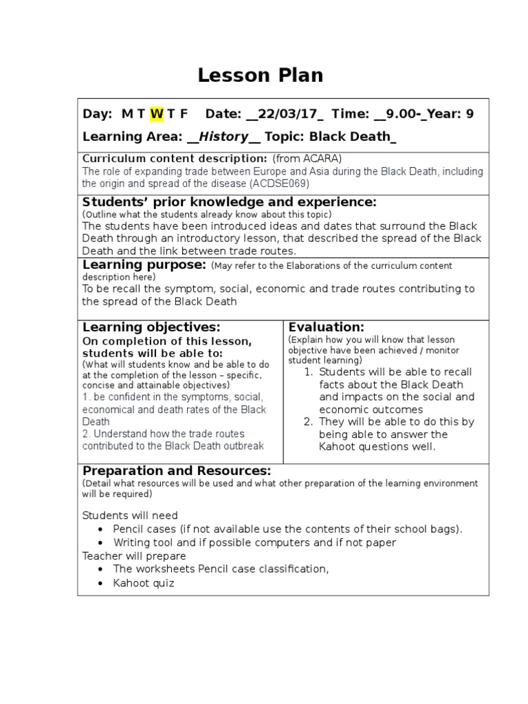 Year 8 Black Death | PDF | Curriculum | Lesson Plan