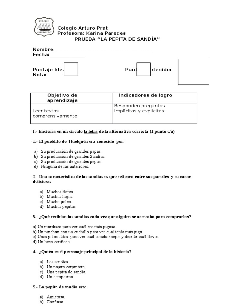 Prueba de Comprensión: La Pepita de Sandía | PDF | Ocio