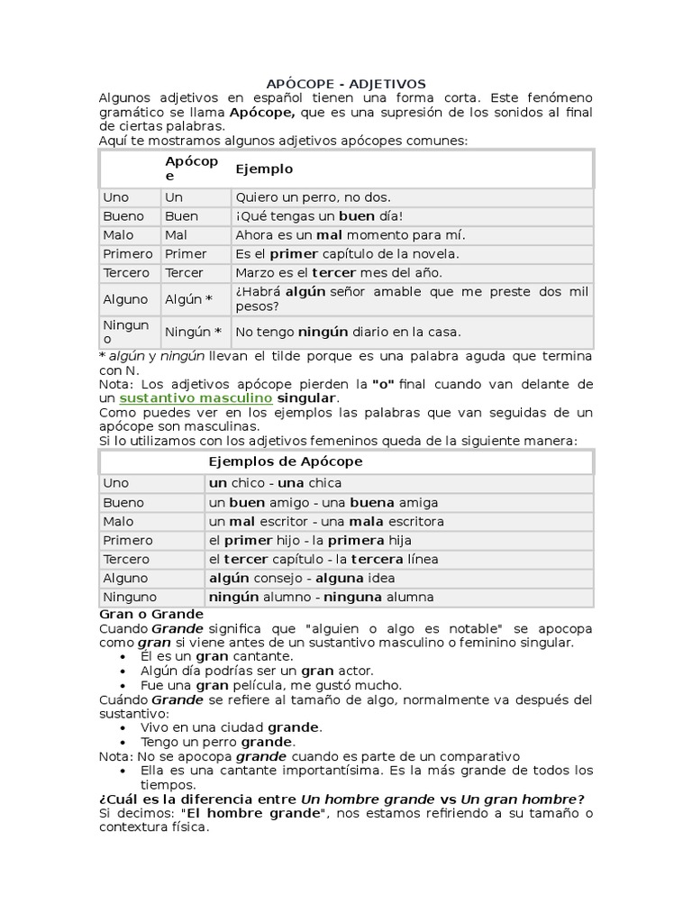 Apócope - Adjetivos | PDF | Adjetivo | Adverbio