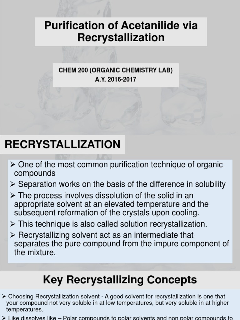Purification of Acetanilide Via Recrystallization | PDF | Chemical Substances | Chemical Process ...