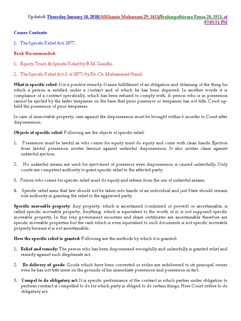 Specific Relief Act Overview | PDF | Injunction | Equity (Law)
