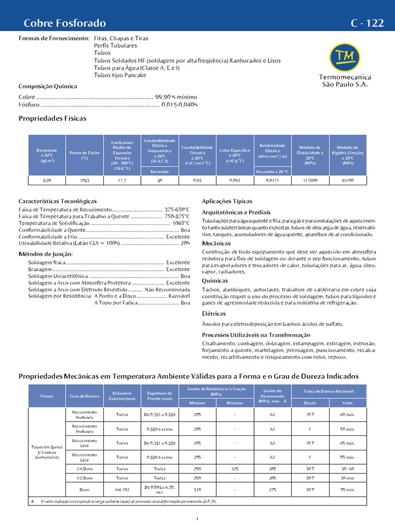 Cobre c122 | Download grátis PDF | Dureza | Calor