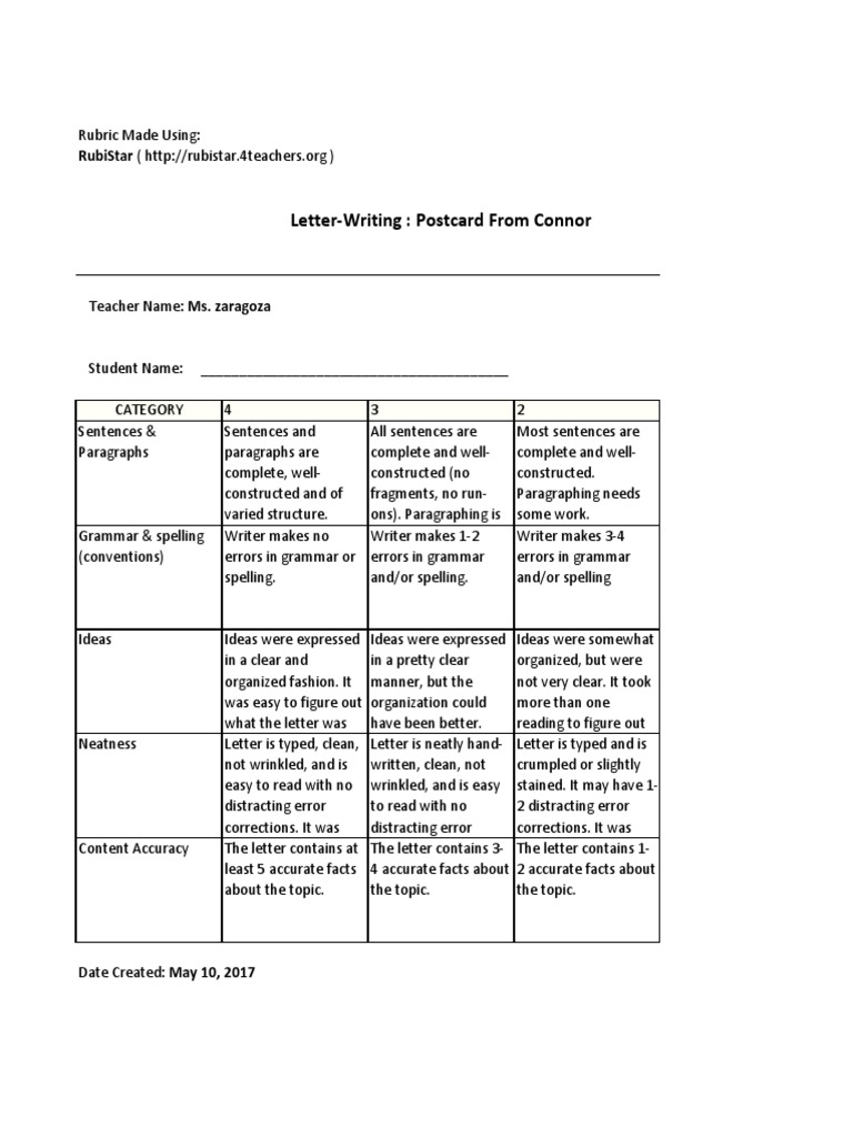 Rubric For Postcard From Connor | PDF | Text | Human Communication