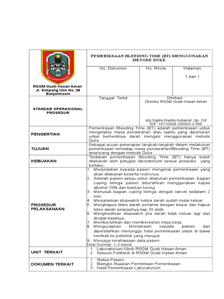Prosedur Pemeriksaan Bleeding Time Metode Duke | PDF