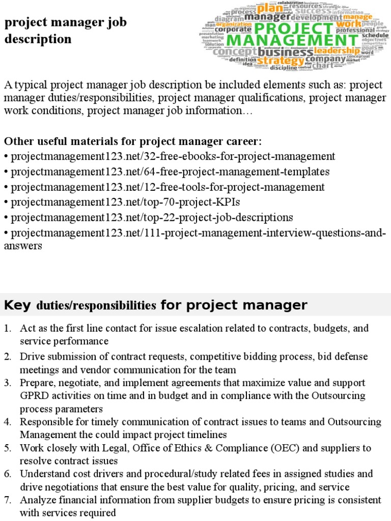 Project Manager Job Description | PDF | Project Manager | Project ...