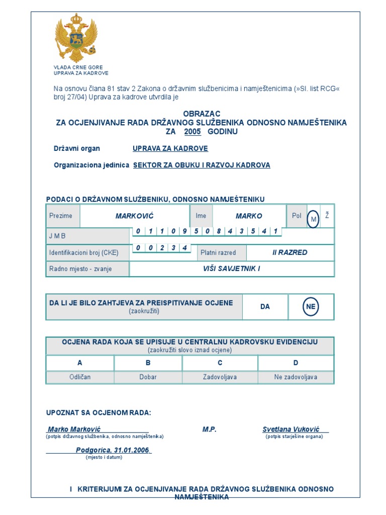 Primjer Popunjenog Obrazac Za Ocjenjivanje Rada