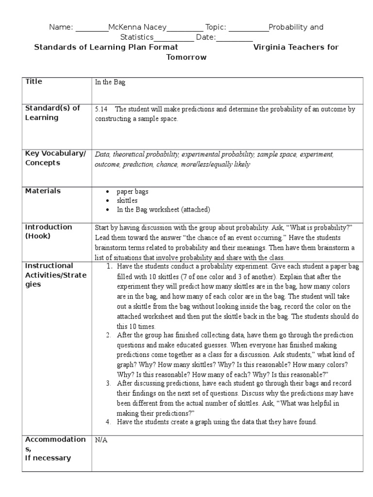 In The Bag Lesson Plan | PDF | Probability | Experiment