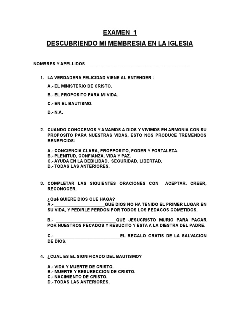 Examen de Discipulado y Propósito Cristiano | PDF | Derecho | Estilo de ...