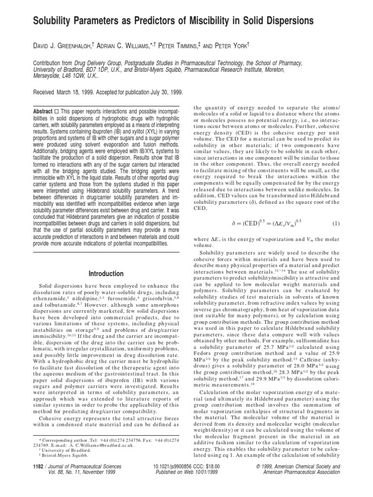 Solubility Parameters As Predictors of Miscibility in Solid Dispersion ...