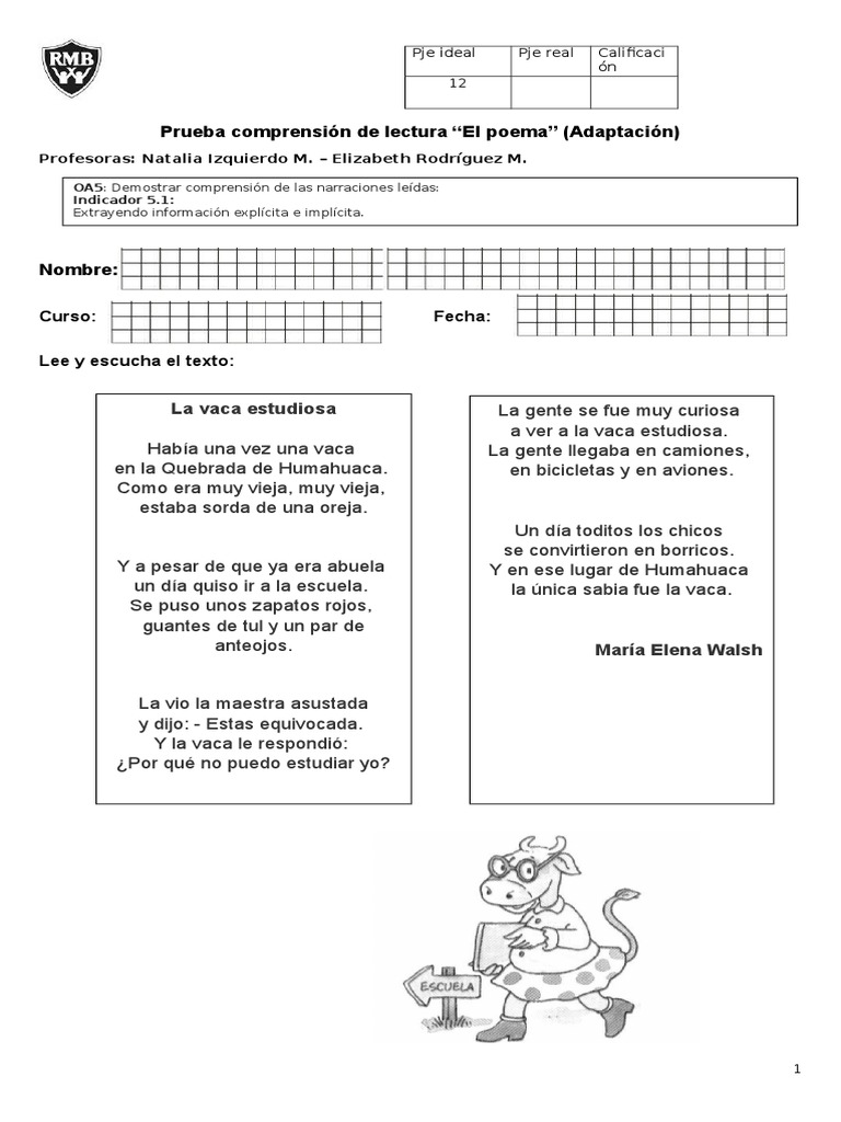 Prueba Comprension Poema La Vaca Estudiosa Con Adaptacion | Ocio