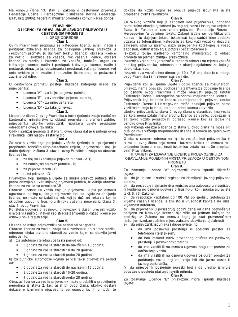Pravilnik o Licenci Za Obavljanje Prijevoza U Cestovnom Prometu 65-06 | PDF