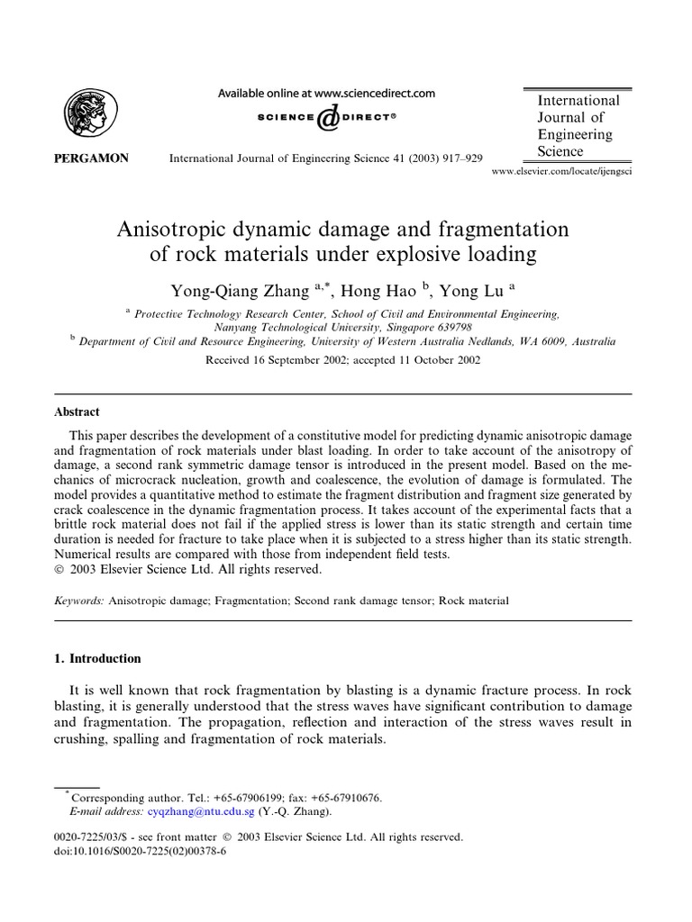 1 - Anisotropic Dynamic Damage and Fragmentation of Rock Materials Under Explosive Loading PDF ...