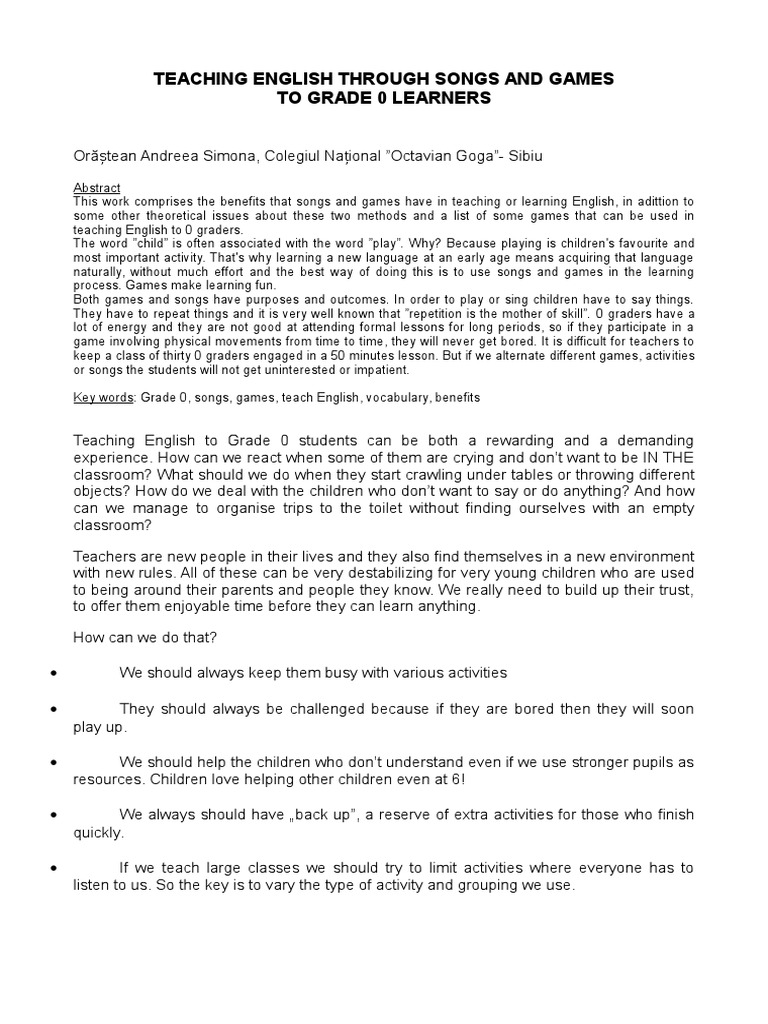 Teaching English Through Songs and Games | PDF | Classroom | Vocabulary