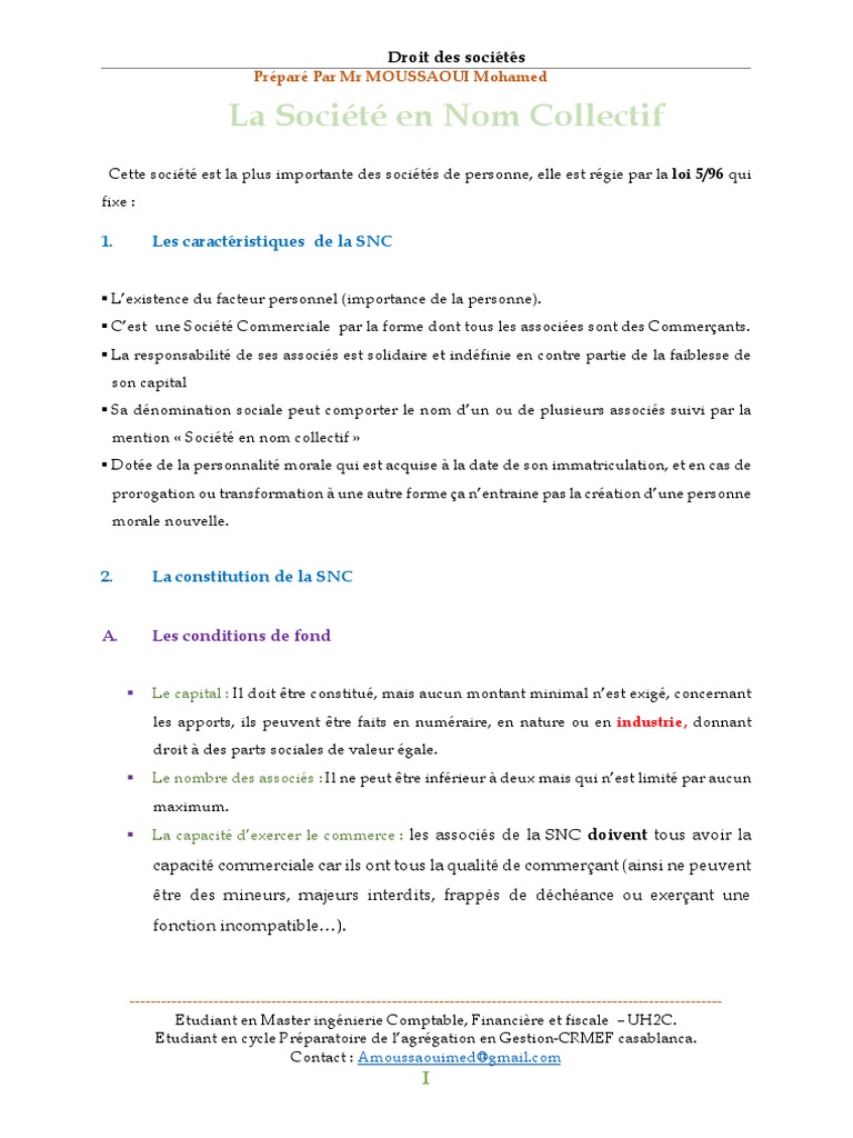 La Société en Nom Collectif | PDF | Société en nom collectif | Business