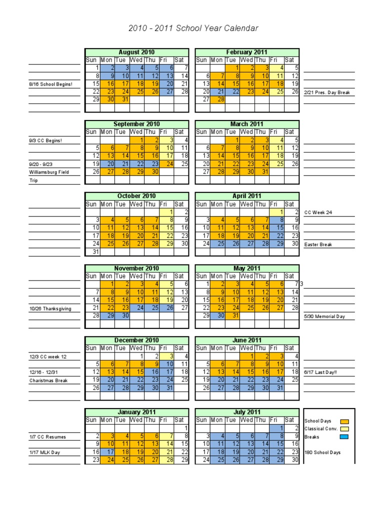 2010 - 2011 School Year Calendar | PDF