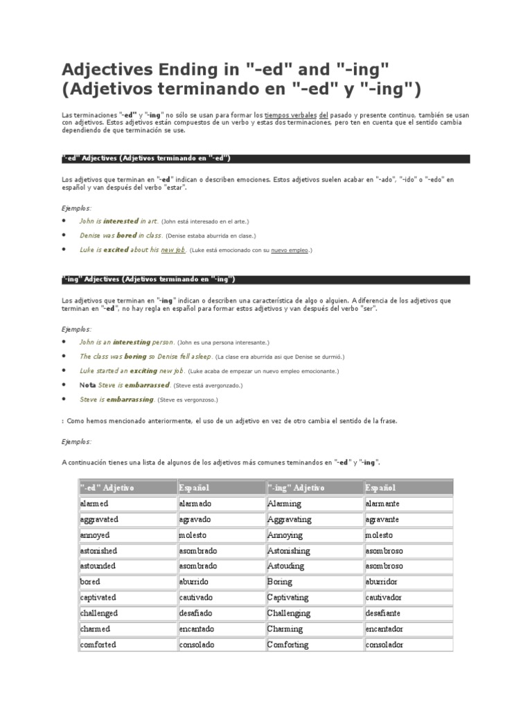 Adjectives Ending In Ed Ing Pdf Gramática Morfología Lingüística