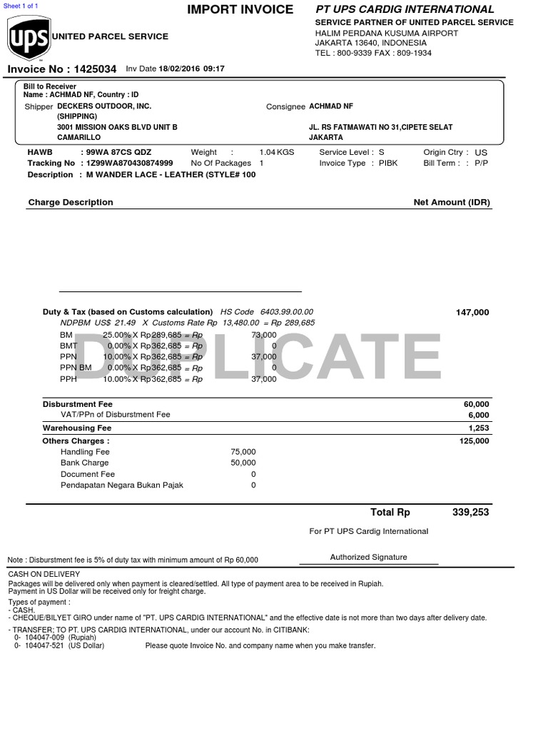UPS FORM | Indonesian Rupiah | United Parcel Service