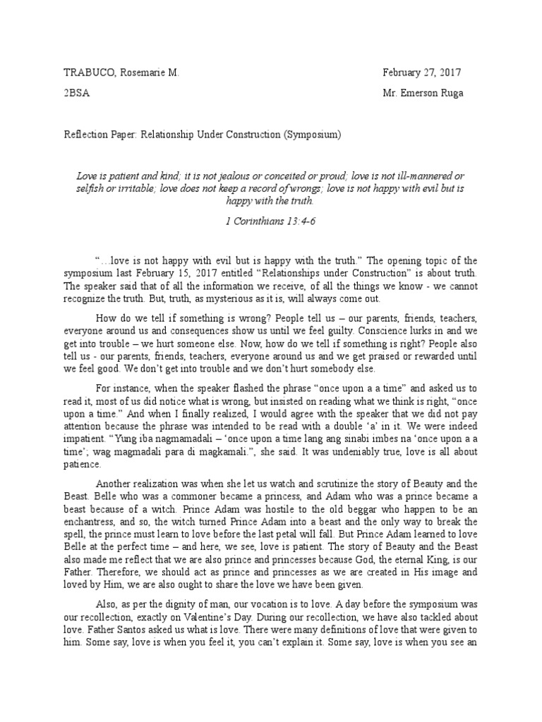 Reflection Paper Relationship Under Construction (Symposium) | PDF ...