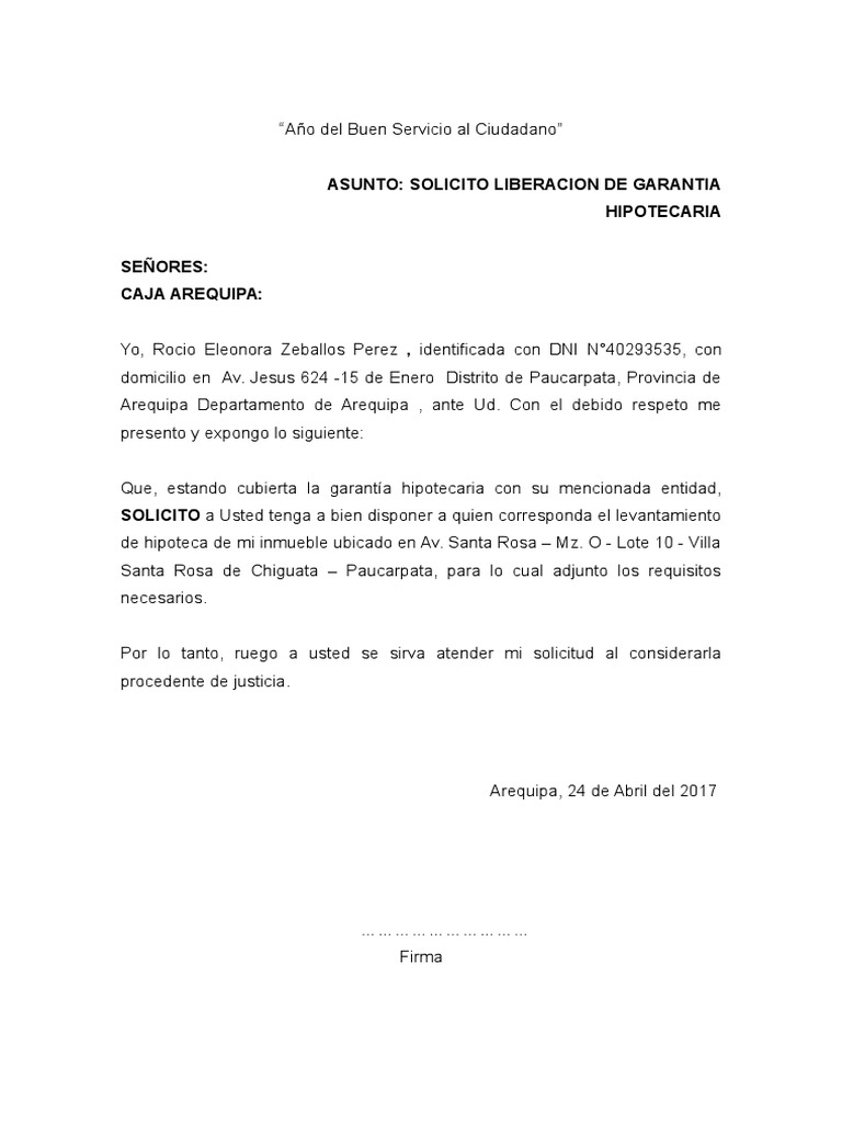 Carta Modelo de Solicitud de Minuta de Levantamiento de Hipoteca | PDF