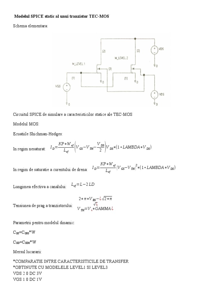 Modelul SPICE Static Al Unui Tranzistor TEC-MOS: KP W L V V V V | PDF