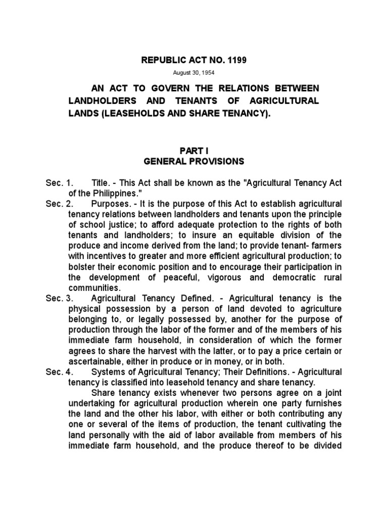 RA 1199 (Agricultural Tenancy Act of The Philippines) | PDF | Leasehold ...