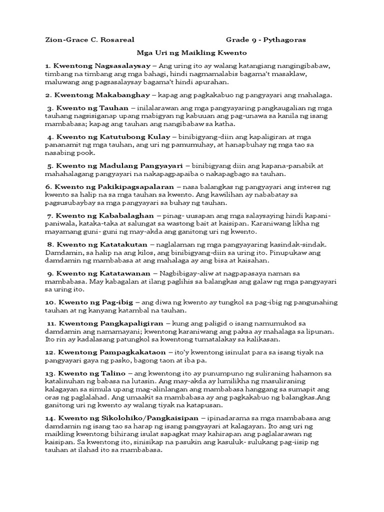 Mga Uri Ng Maikling Kwento