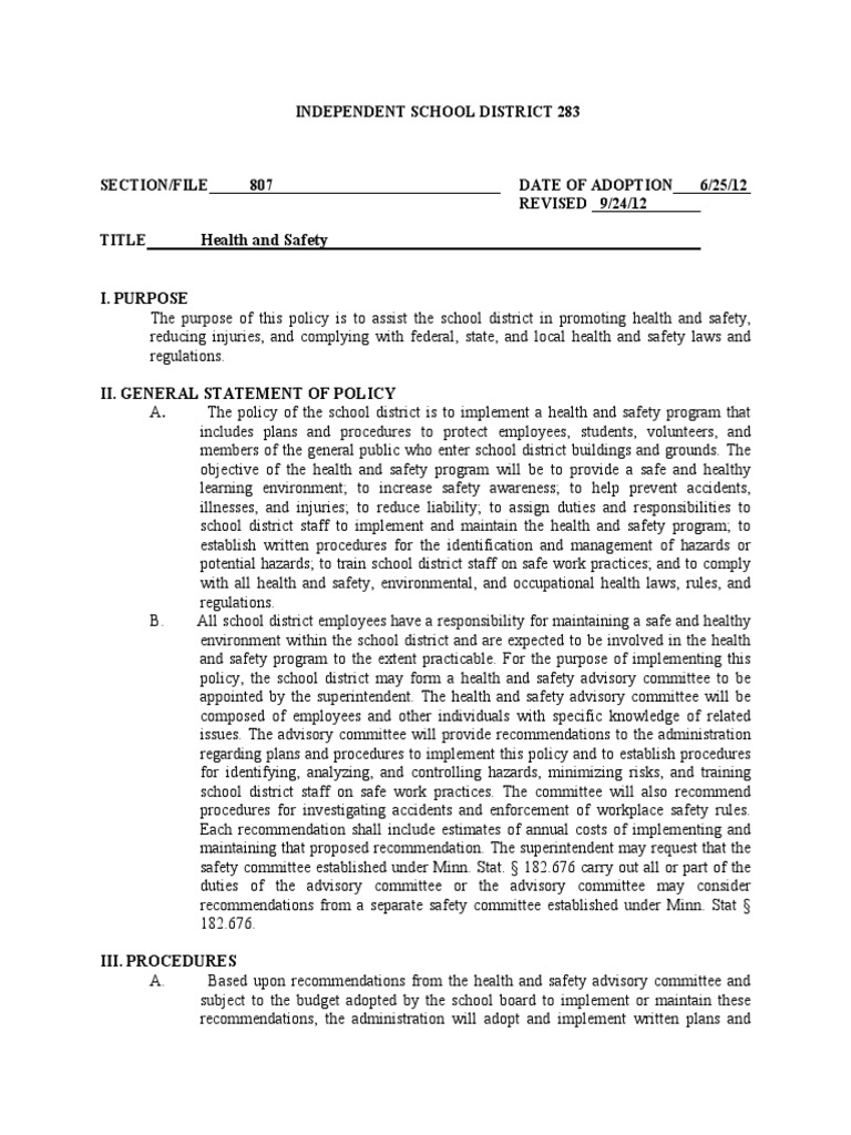 Health and Safety: Independent School District 283 | PDF | Occupational ...