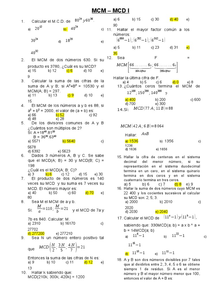 MCM-MCD I | Descargar gratis PDF | Notación Matemática | Matemática ...