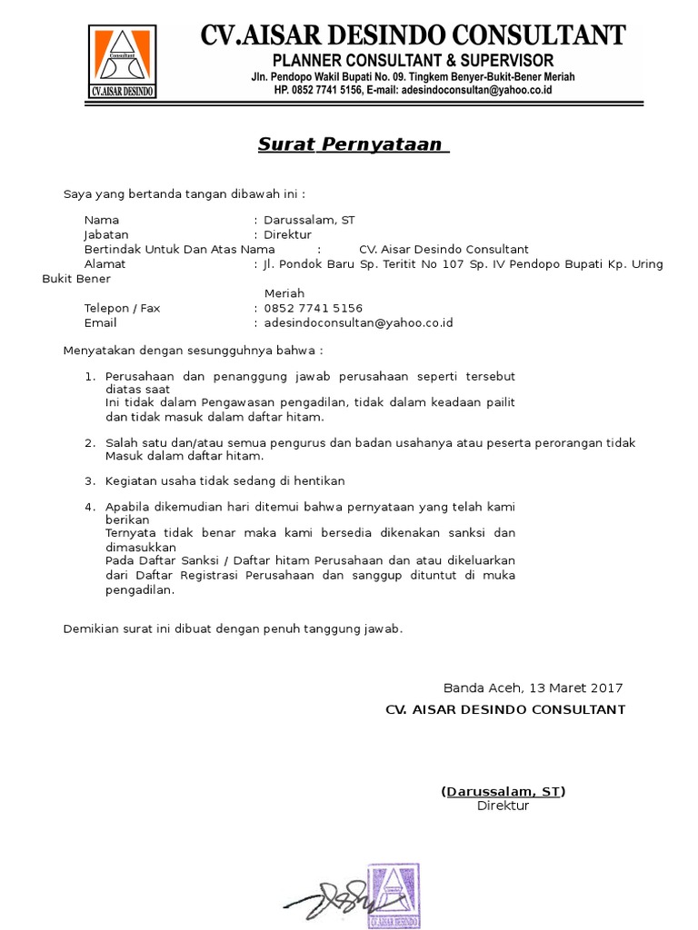 Pernyataan Legalitas CV Aisar Desindo | PDF