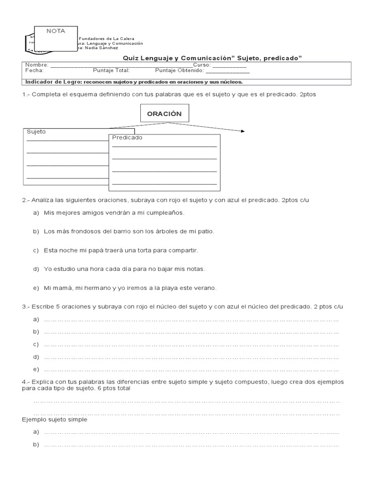 Quiz Lenguaje Sujeto y Predicado | PDF | Predicado (Gramática) | Sintaxis