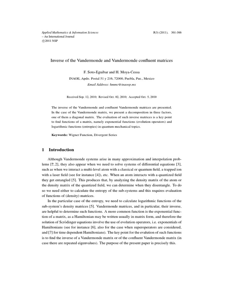 Inverse of The Vandermonde and Vandermonde Con Uent Matrices | PDF | Matrix (Mathematics ...