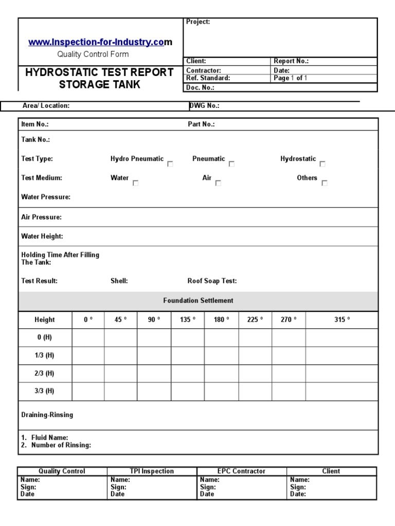 Hydrostatic Test Report for Storage Tank | PDF
