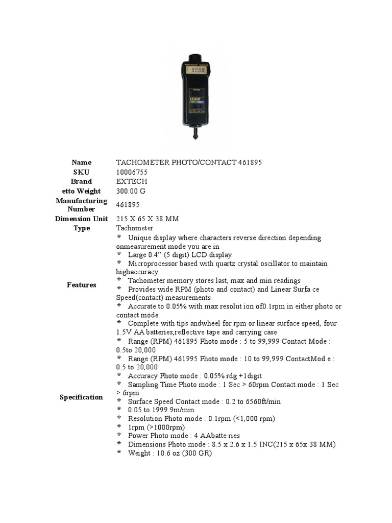 Extech 461895 Tachometer Overview | PDF