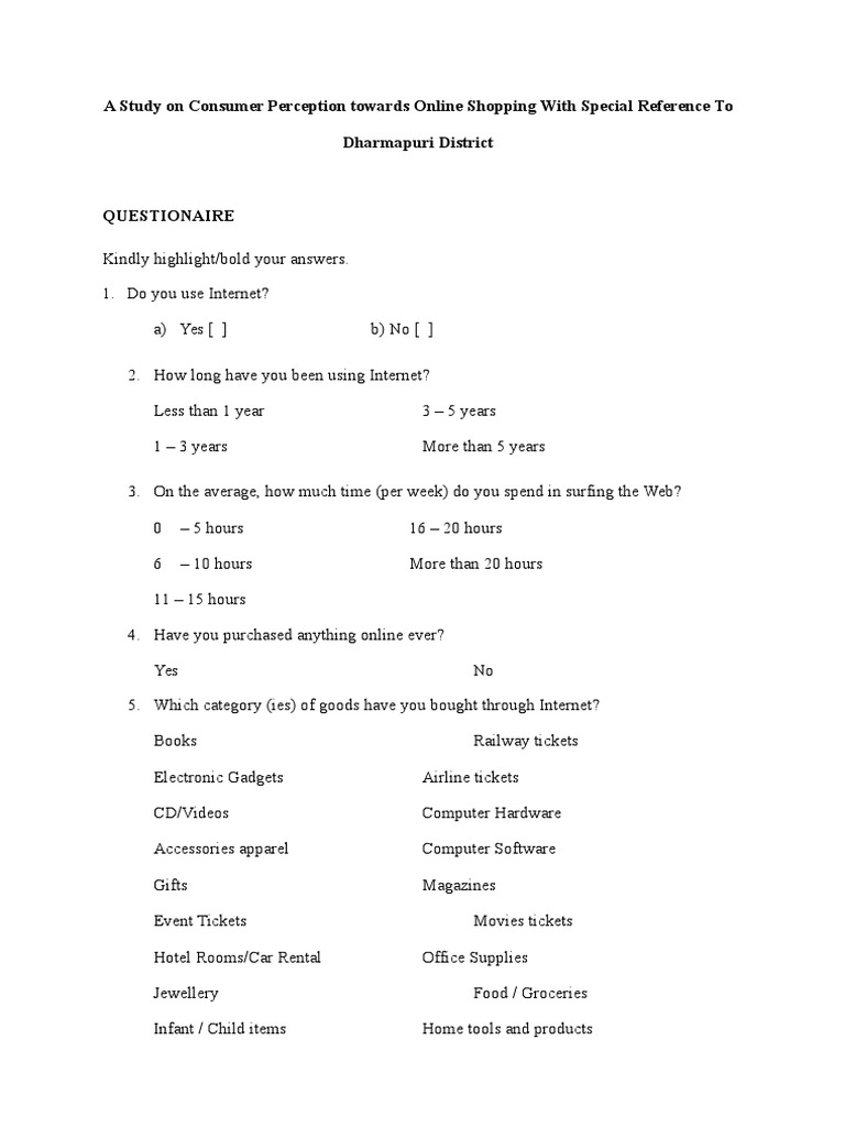 Questionnaire Consumer Perception On Online Shopping | PDF | Online ...