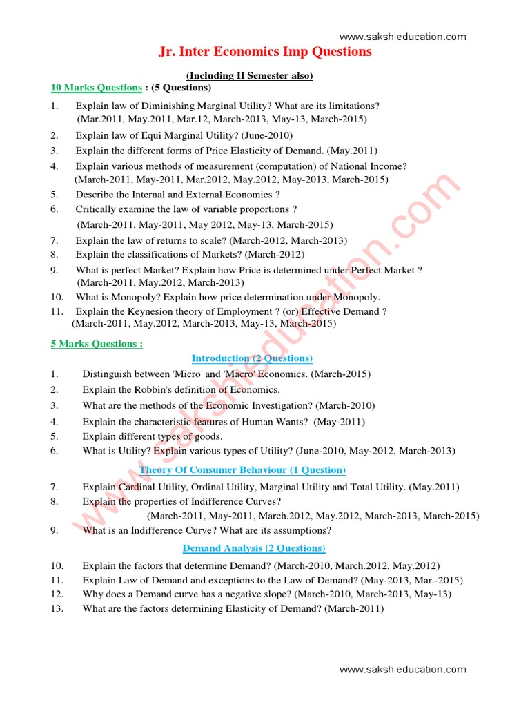 Important Economics Questions for 1st Year | PDF | Demand | Monopoly