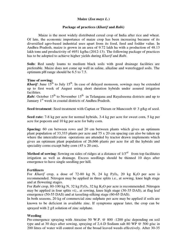 Maize Package of Practices in Brief | PDF | Maize | Sowing
