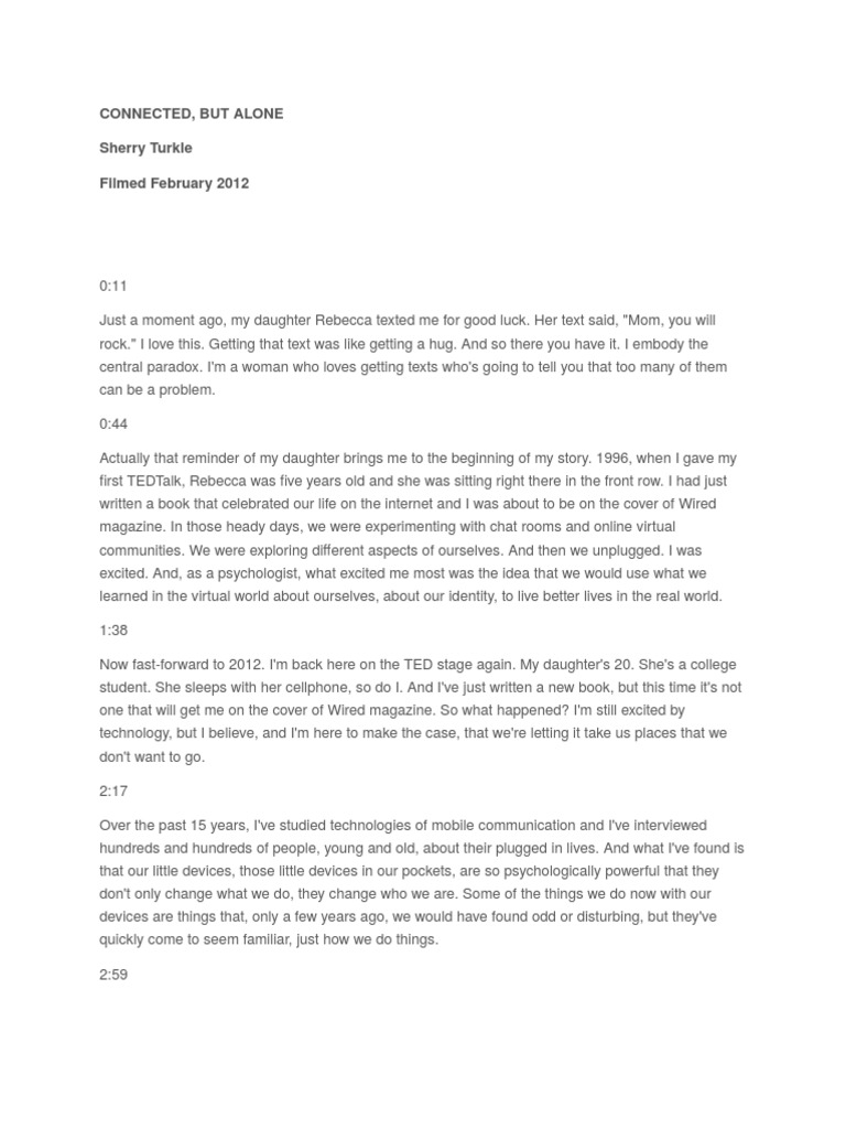 Connected But Alone Transcript | PDF | Empathy | Robot
