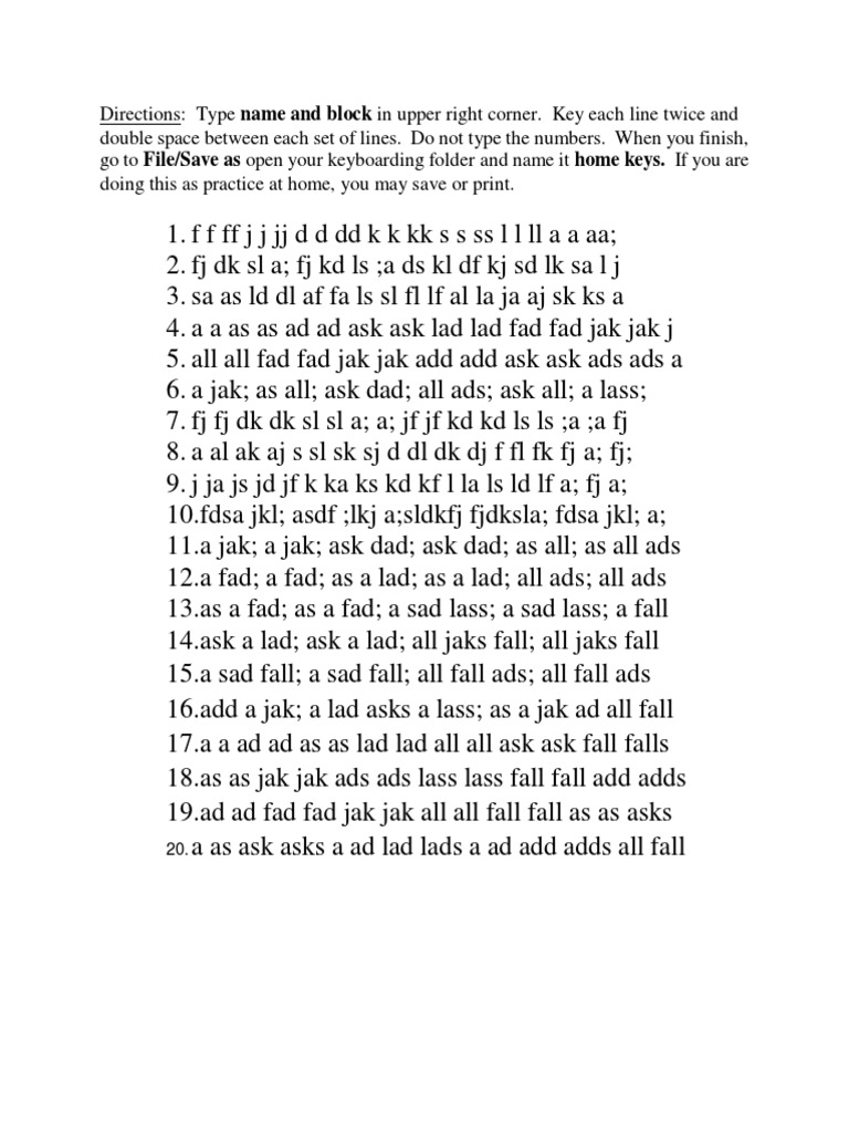 Home Keys Practice: Typing Name and Block in Upper Right Corner | PDF