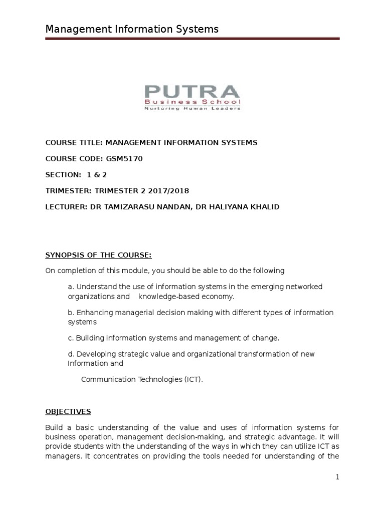 Course Outline Mis Pbs 220172018 | PDF | Information System ...