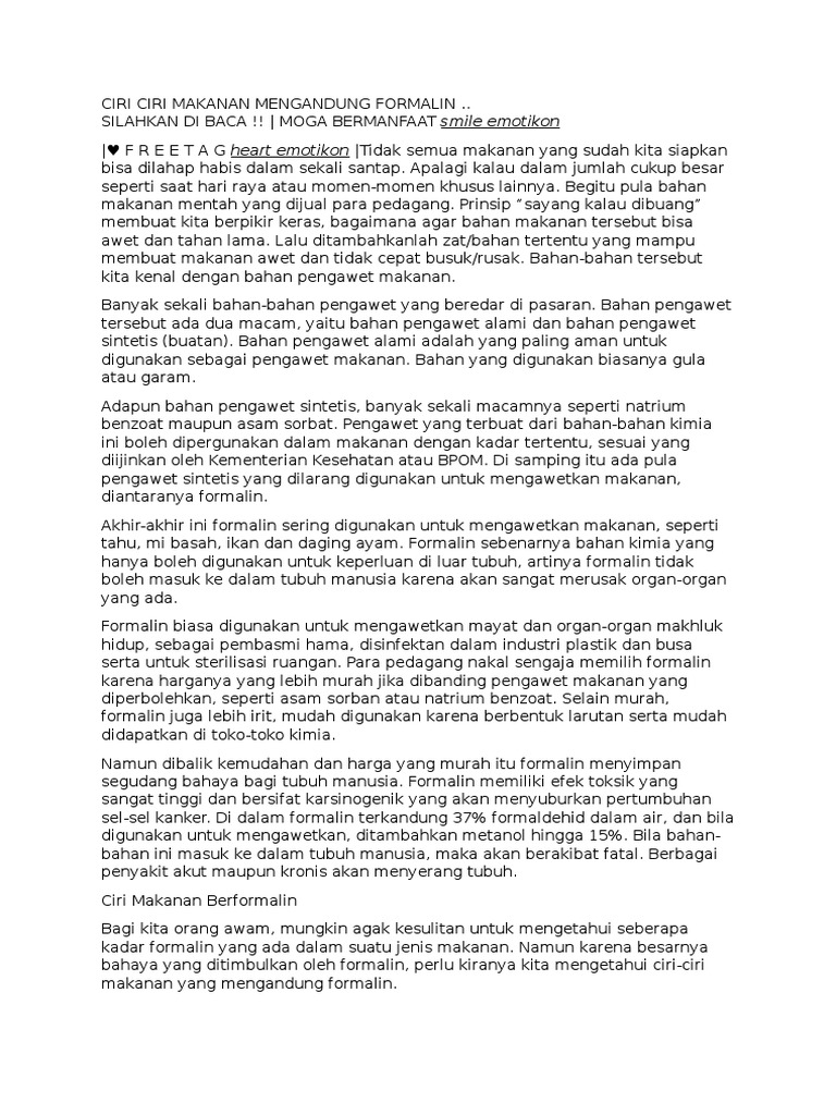 Ciri Makanan Mengandung Formalin | PDF | Memasak, Makanan, & Anggur ...