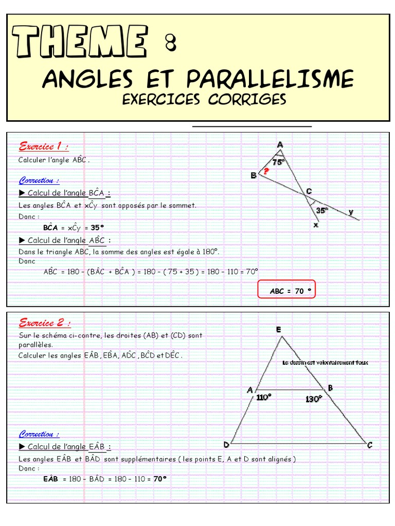 Angles Et Parallélisme - Exercices Corrigés | Triangle | Angle