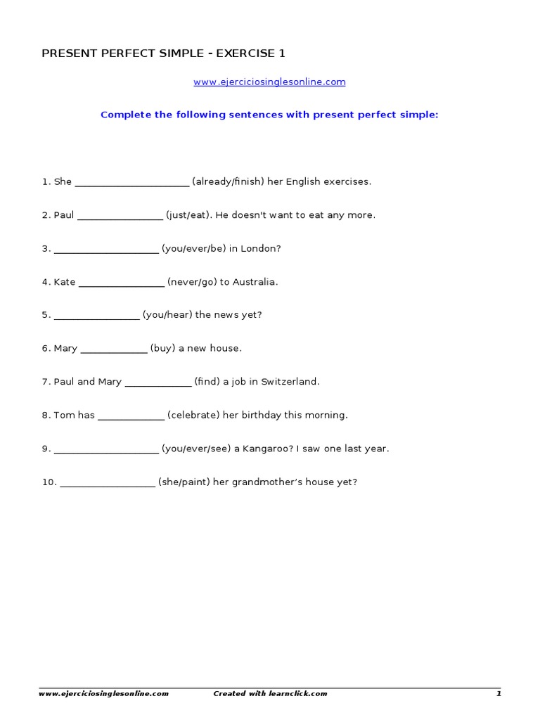 Present Perfect Simple - Exercise 1 PDF | PDF