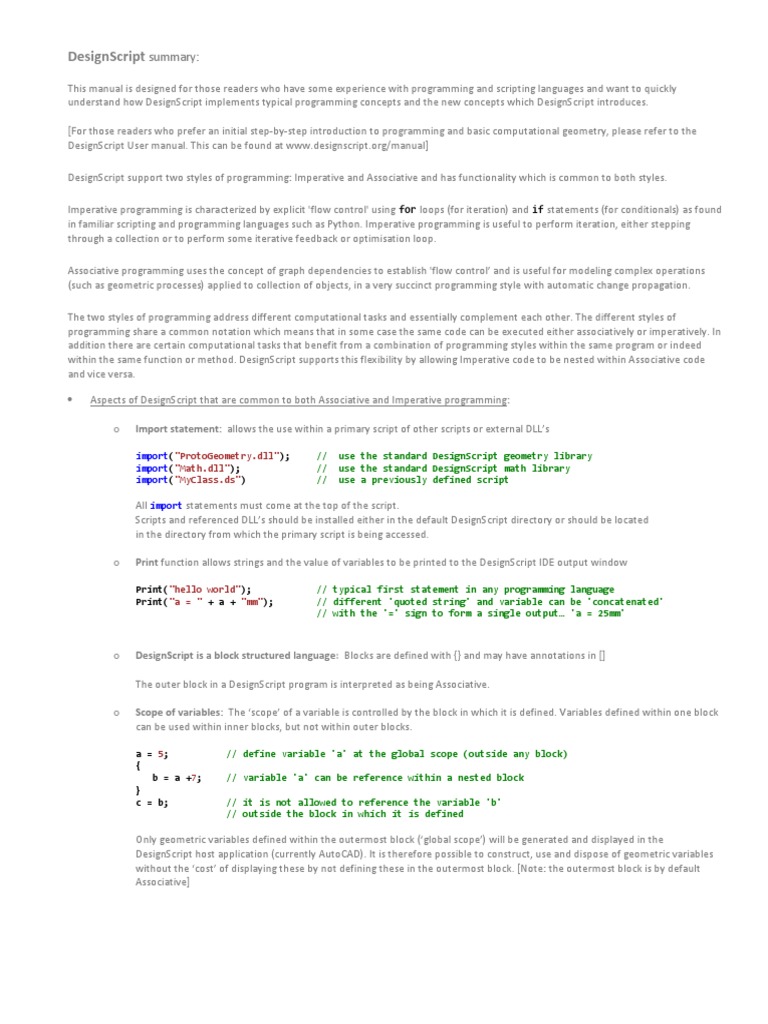 DesignScript Summary User Manual | PDF | Class (Computer Programming ...