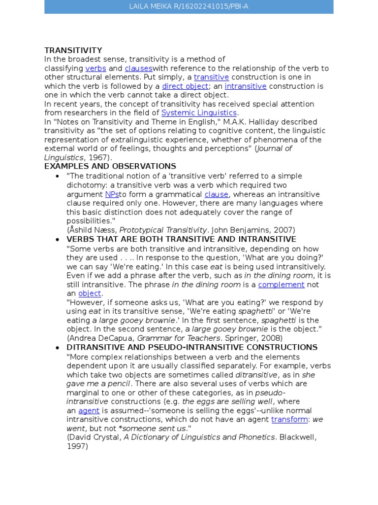 Transitivity | PDF | Object (Grammar) | Verb