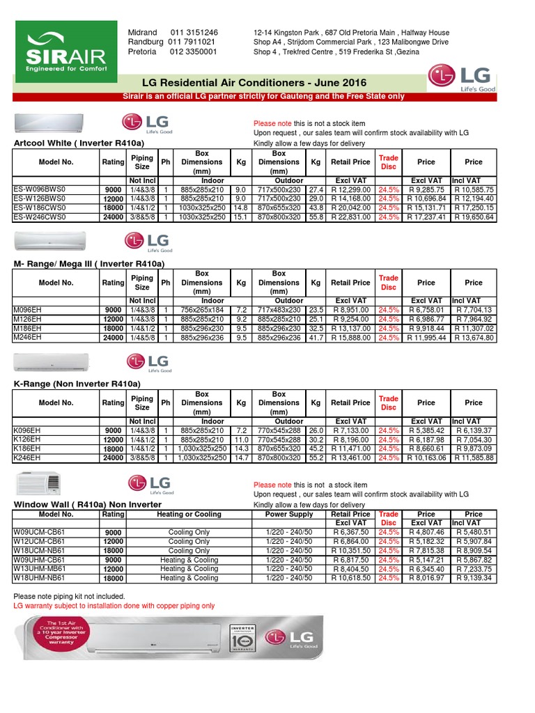 LG Trade Price List June 2016 | Download Free PDF | Air Conditioning | Hvac LG Trade Price List June 2016 | Download Free PDF | Air Conditioning | Hvac