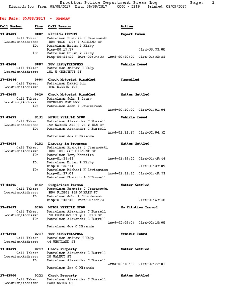 Brockton Police Log May 8, 2017 | PDF