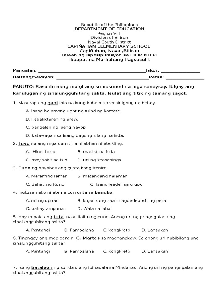 Fourth Periodical Test in Filipino Vi