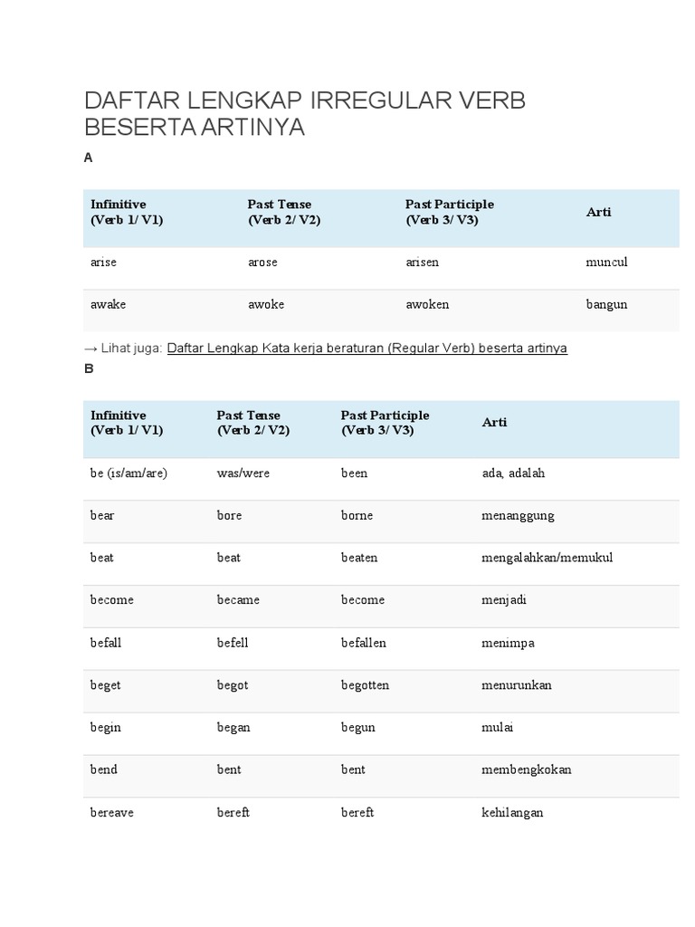 Daftar Lengkap Irregular Verb Beserta Artinya | PDF | Language Arts & Discipline