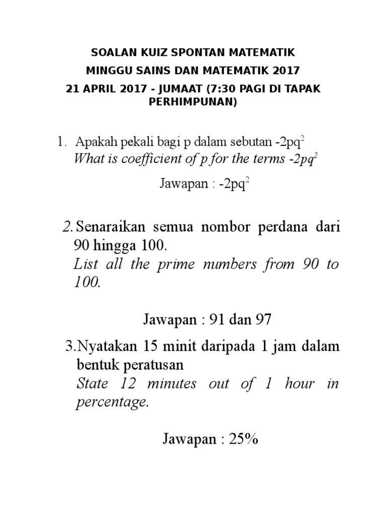 Soalan Kuiz Spontan Matematik | PDF