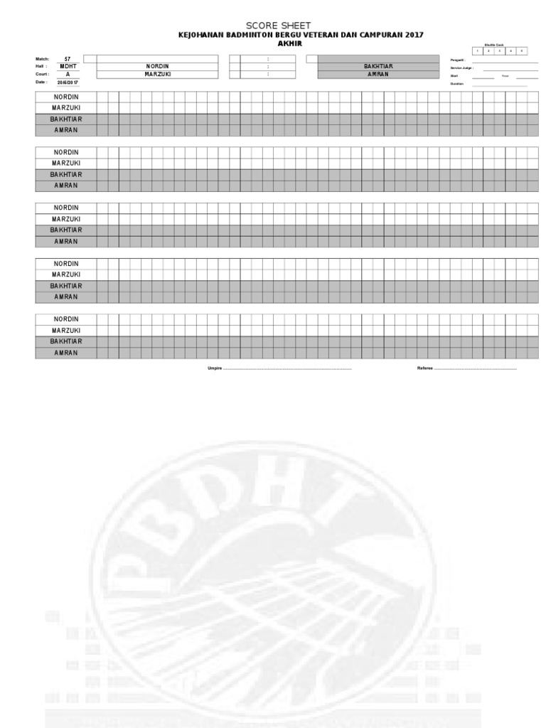 Score Sheet: Kejohanan Badminton Bergu Veteran Dan Campuran 2017 | PDF
